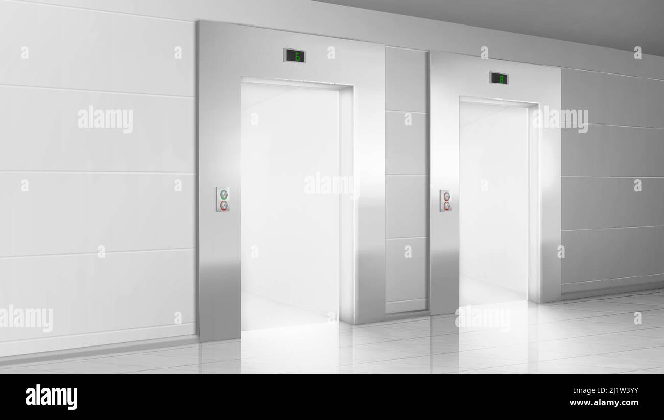 Empty hallway with light from open elevators doors. Vector realistic ...
