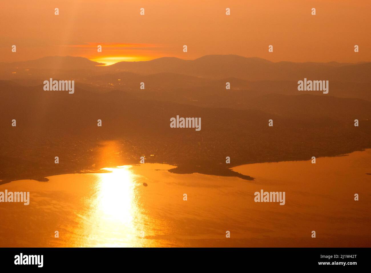 Aerial view of sunset, sunrise over sea, coastline of Athens, Greece ...
