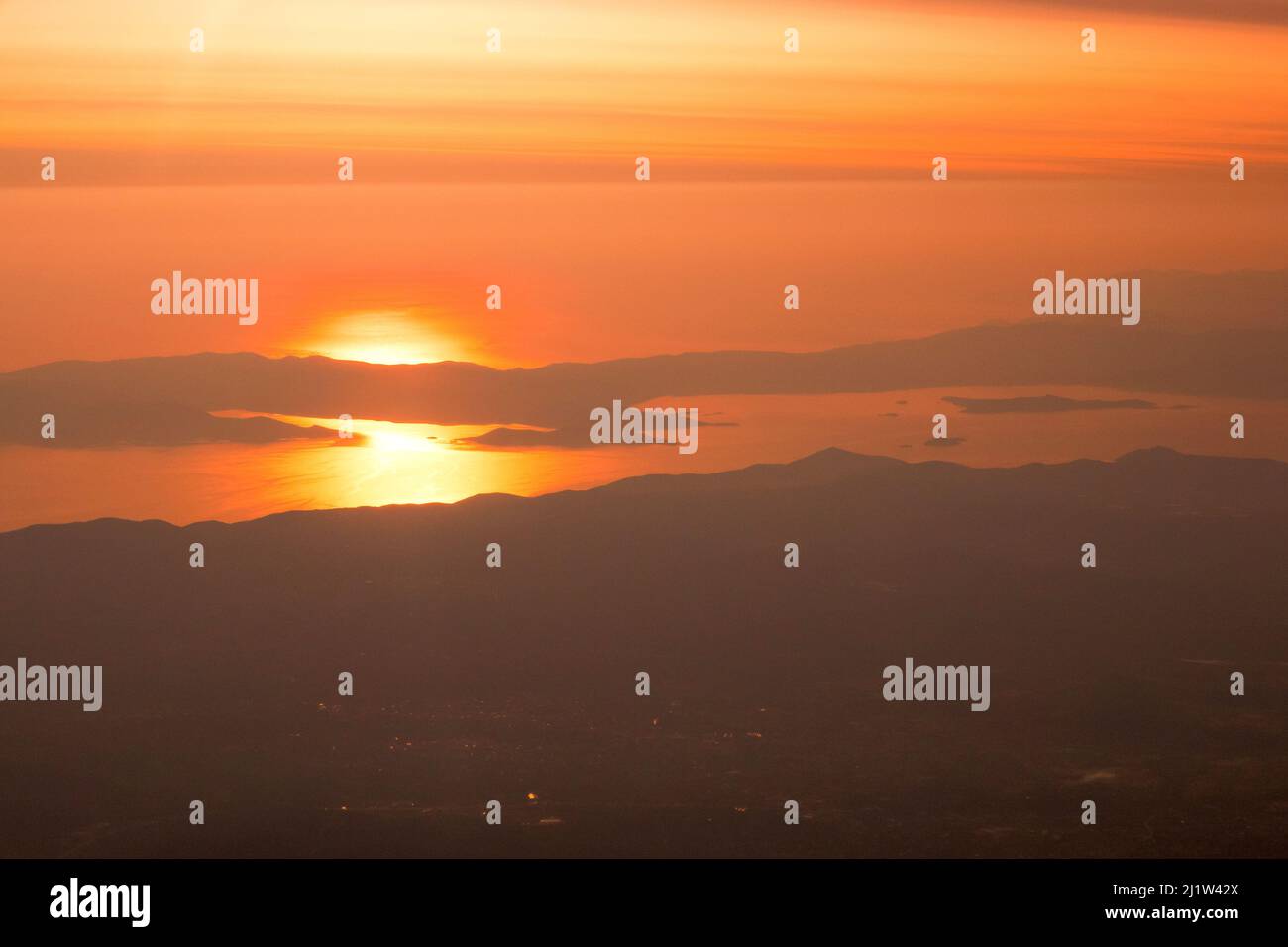 Aerial view of sunset, sunrise over sea, coastline of Athens, Greece ...