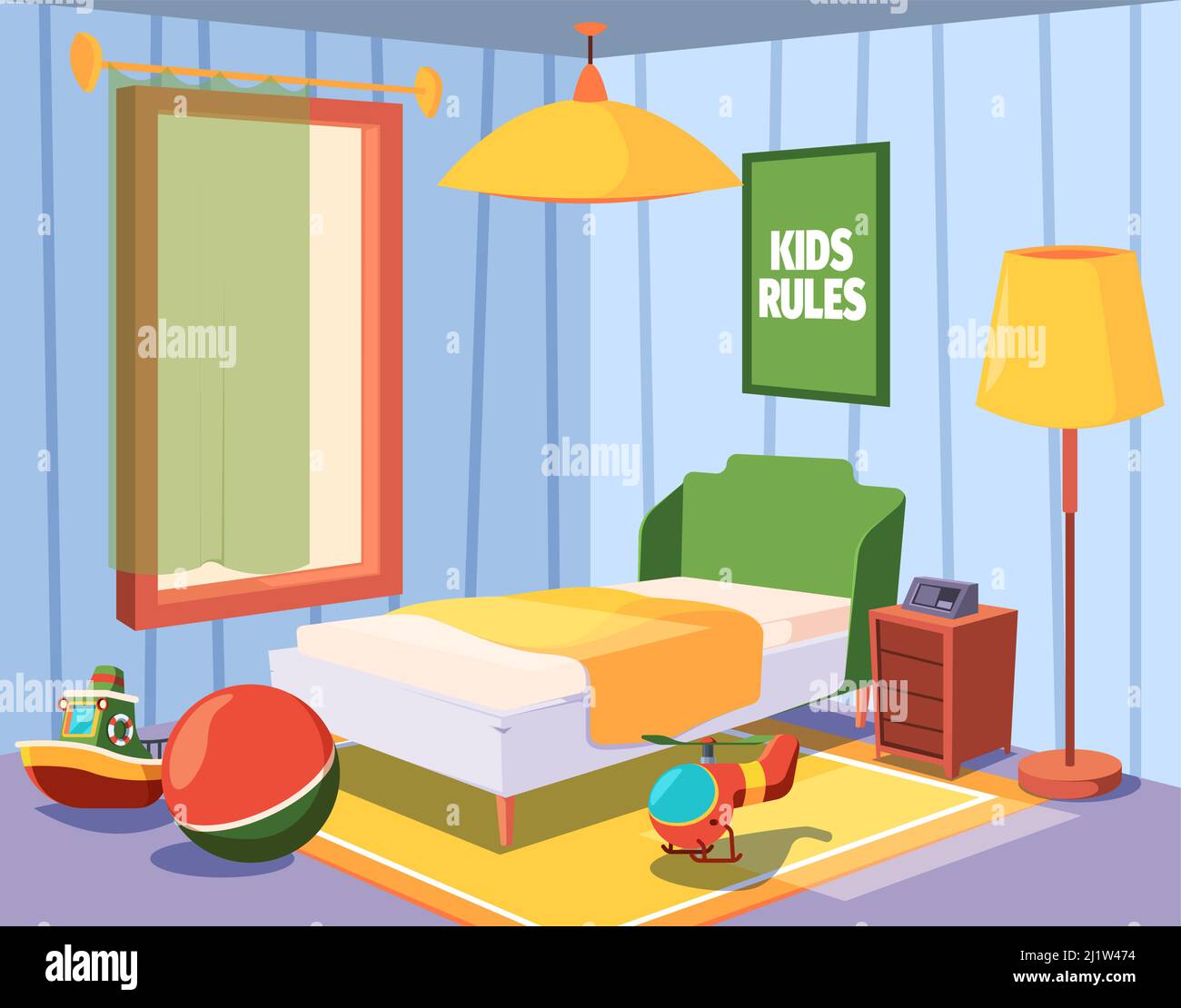 Kids bedroom. Modern soft furniture bed in room corner indoor template ...