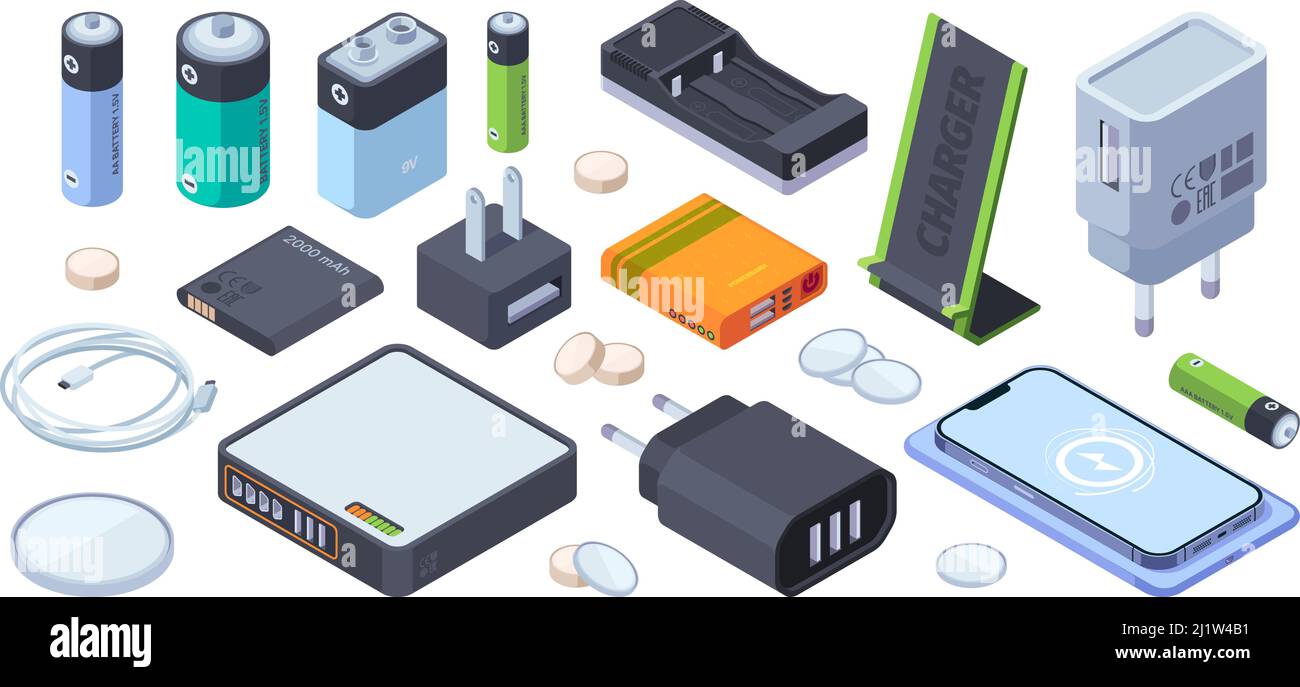 Isometric chargers. Battery for smartphones charging plugs for transfer ...