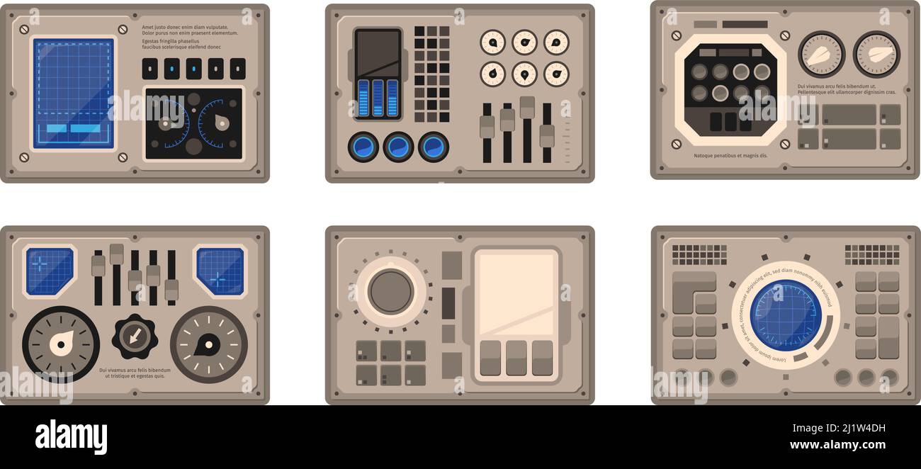 Control panel. Spaceship ui dashboard round controllers buttons displays and controlling ...