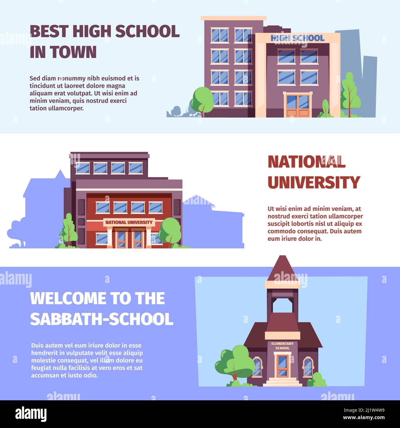 Education banners. Print template with school buildings facades garish ...