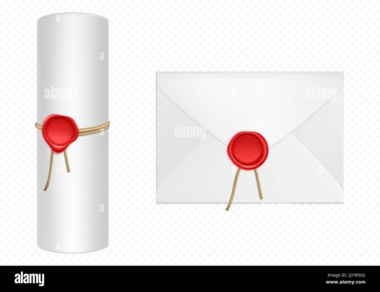 White envelope and scroll with red wax and rope template. Isolated ...