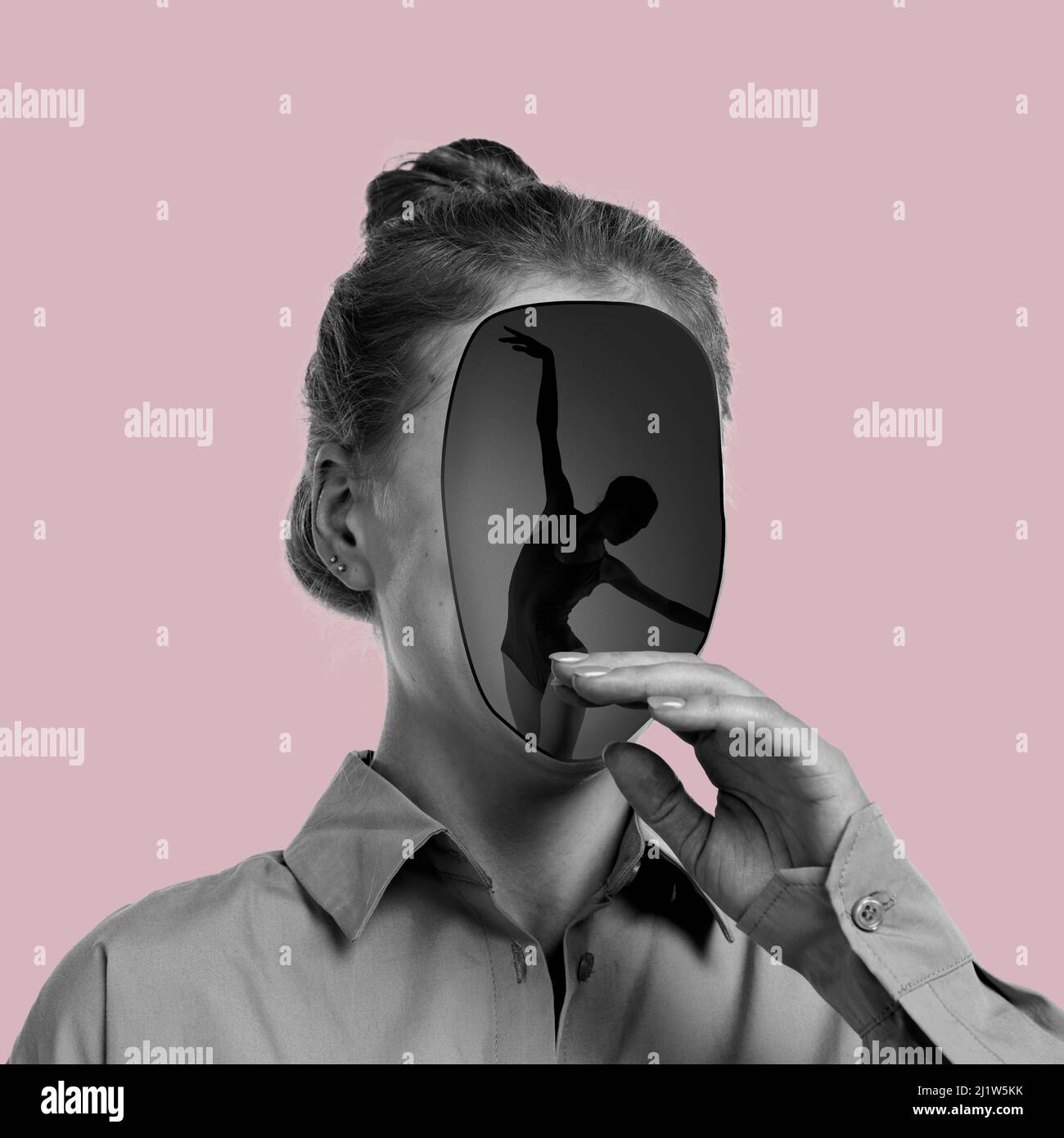 Contemporary art collage with bw portrait of young girl with silhouette ...