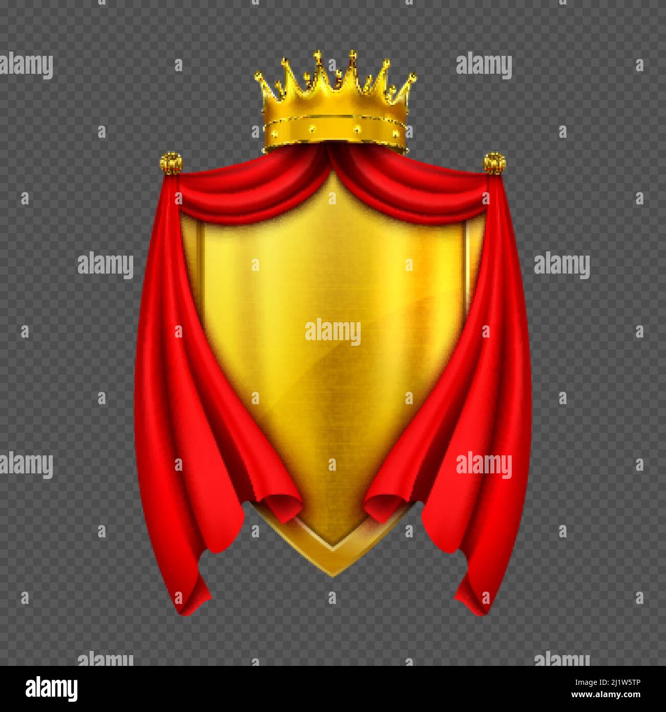 Coat of arms with golden monarch crown, shield and red folded cloth or ...