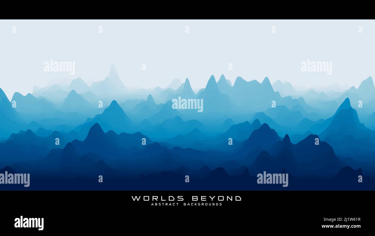 Abstract blue landscape with misty fog till horizon over mountain ...