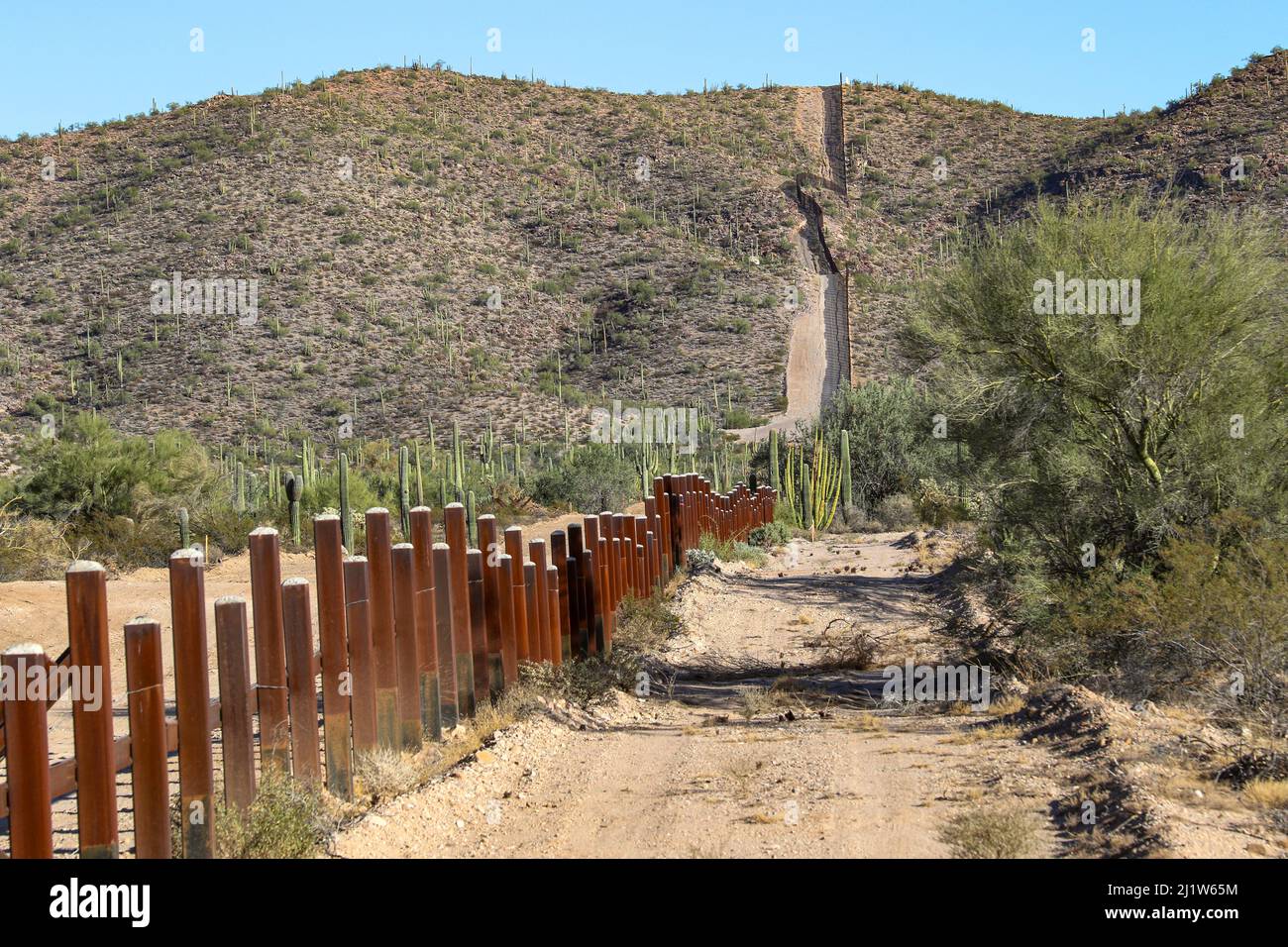 Border posts through Sonoran Desert along Mexico-USA border, prior to ...