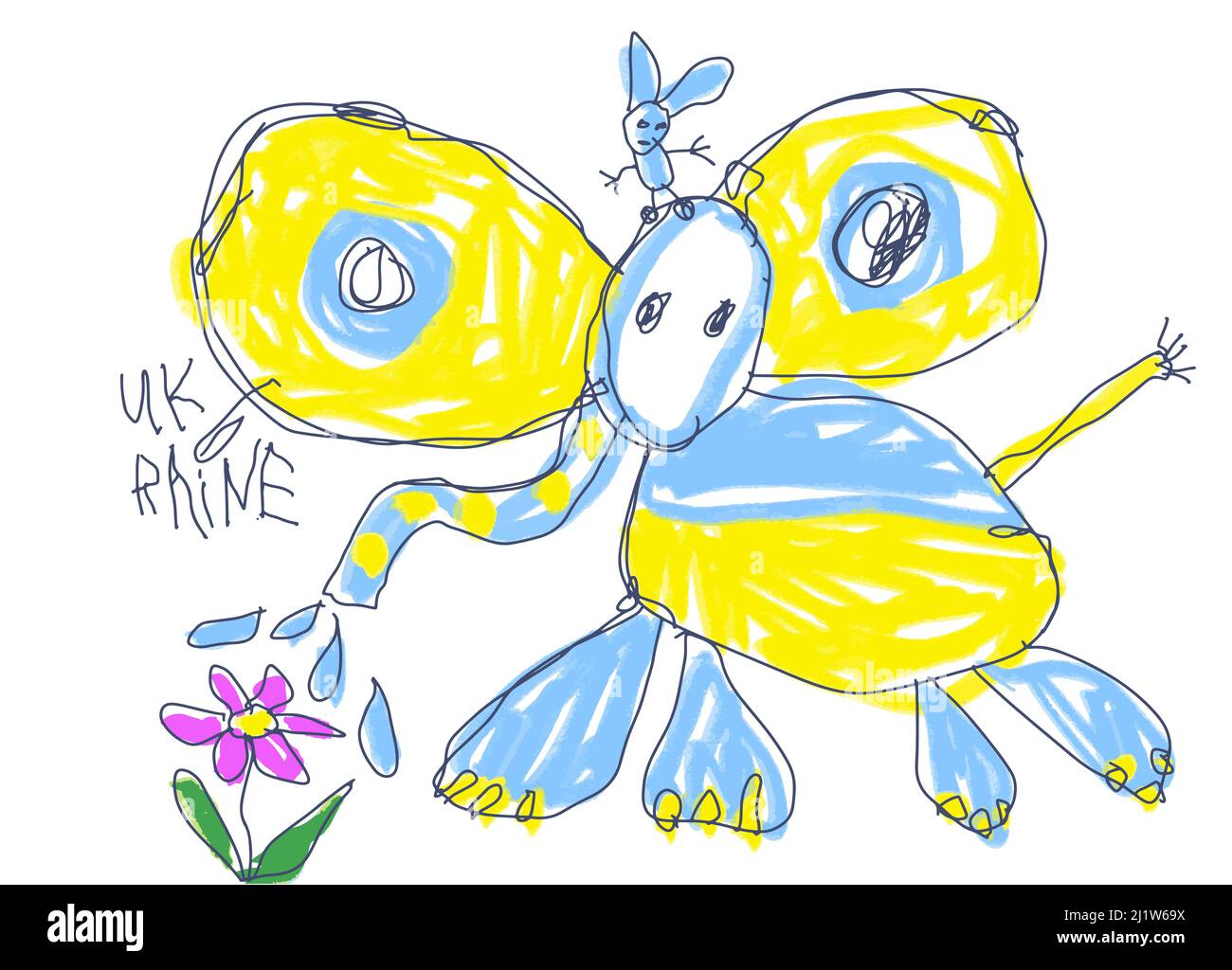 Blue and yellow elephant children drawing in the colors of the ...