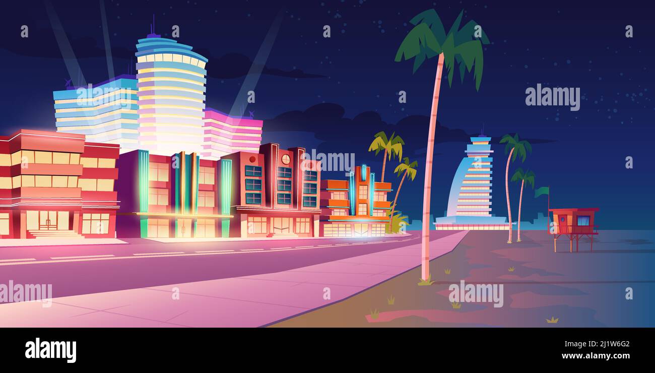 Street in Miami with hotels, sand beach and palm trees at night. Vector ...