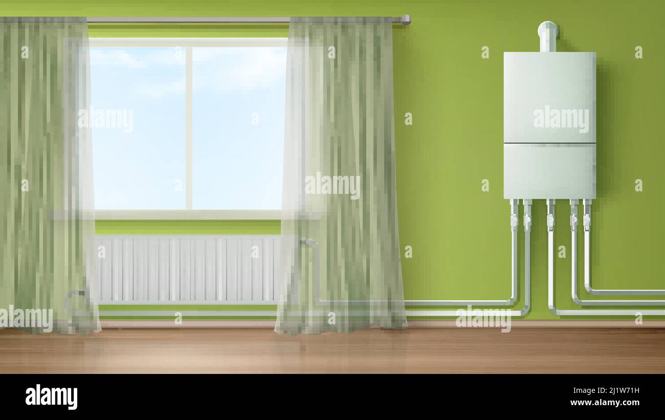 Boiler water heater on wall connected with radiator in room with ...