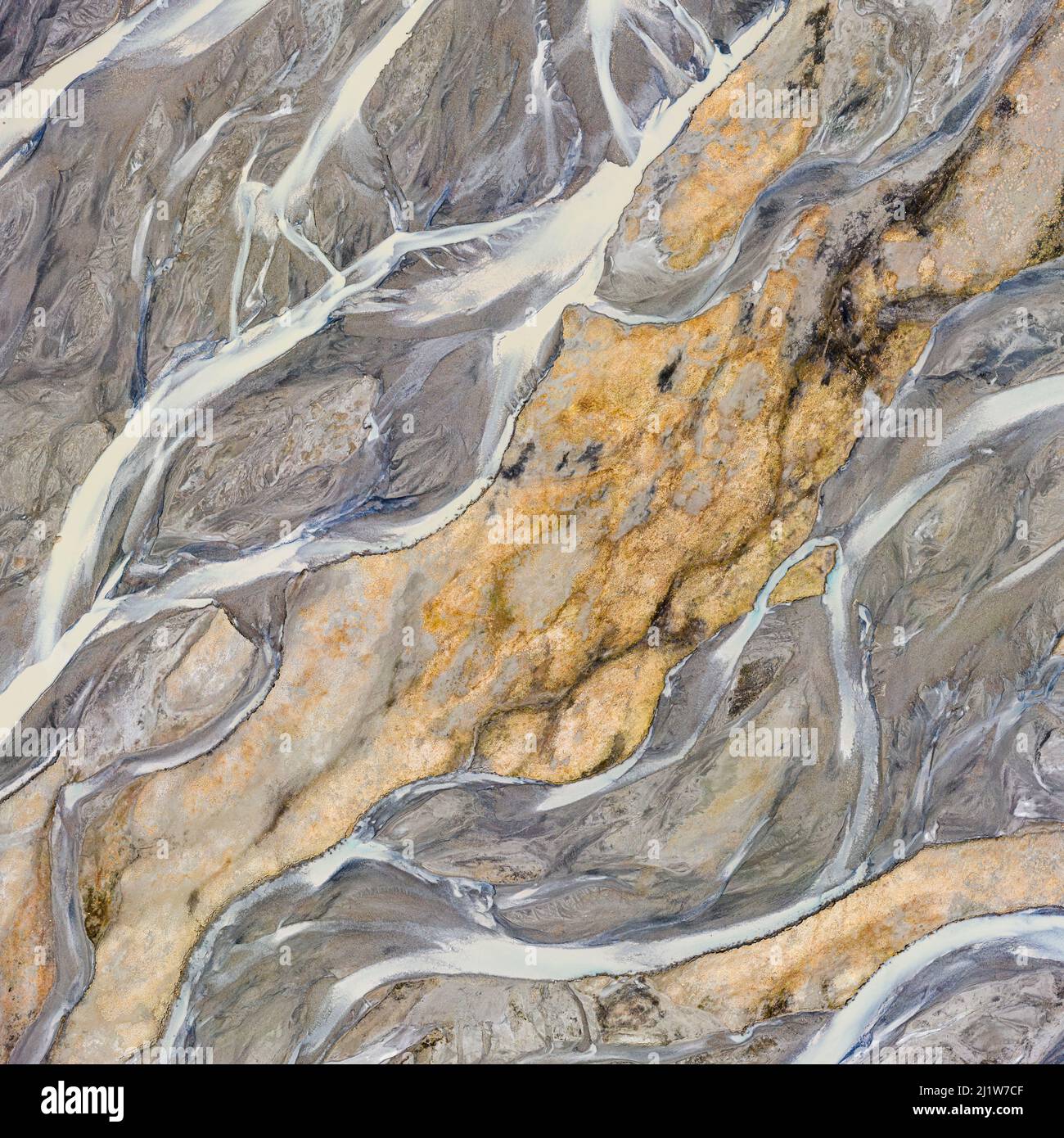 Aerial view of Arctic river delta in autumn, with abstract patterns ...