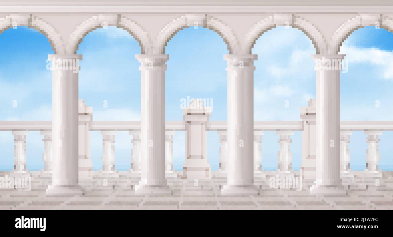 White marble balustrade, arches and columns on balcony or terrace with ...