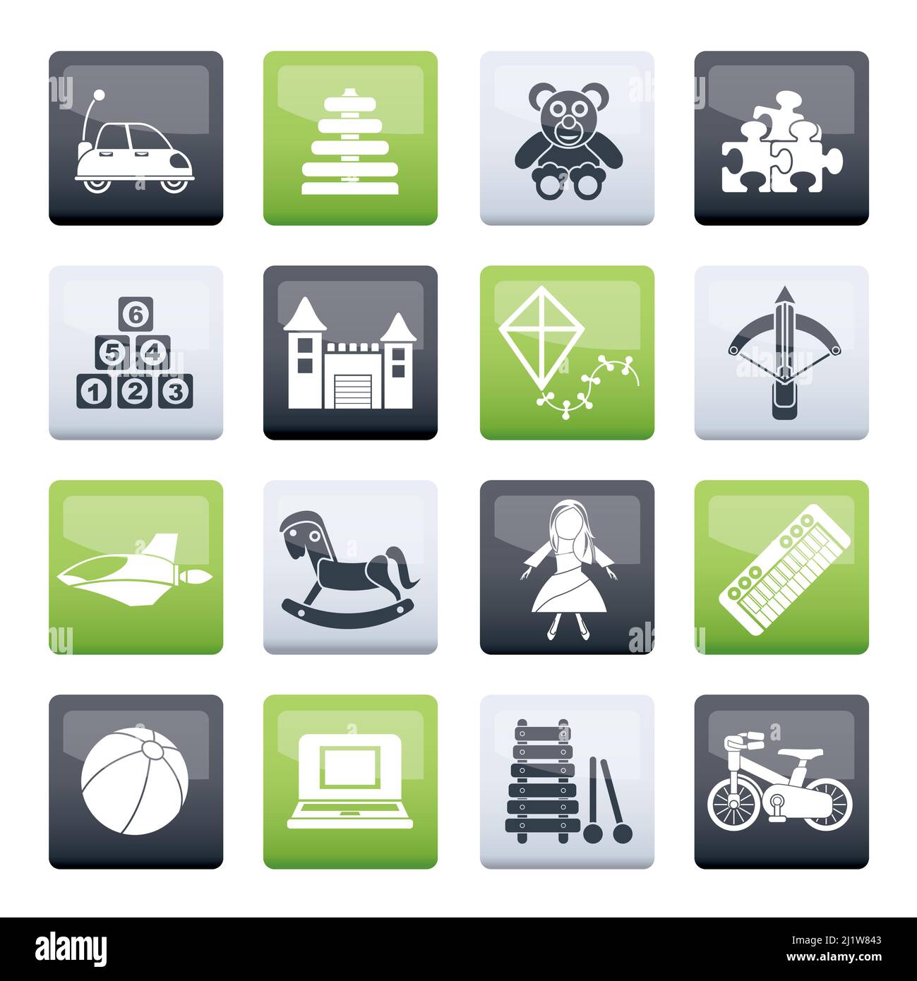 Different kind of toys icons over color background - vector icon set ...