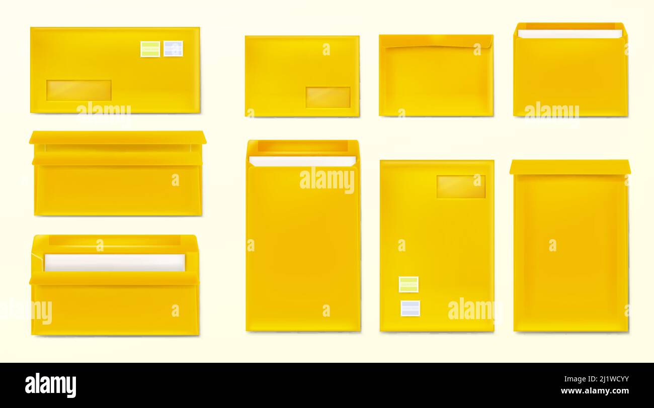 Yellow envelopes with stamps. Blank closed and open paper covers ...