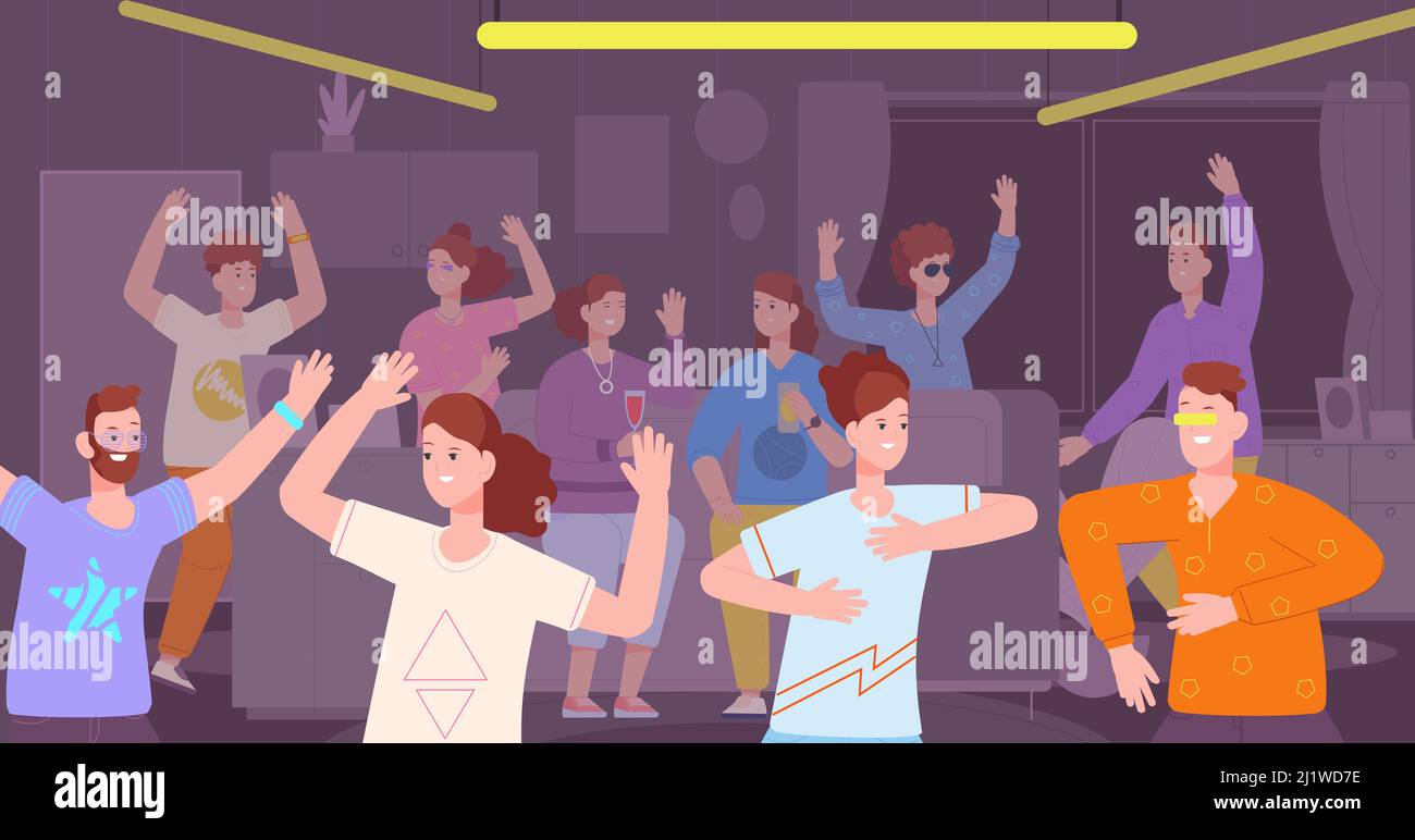 Home party friends. People dancing in apartment room night, students ...
