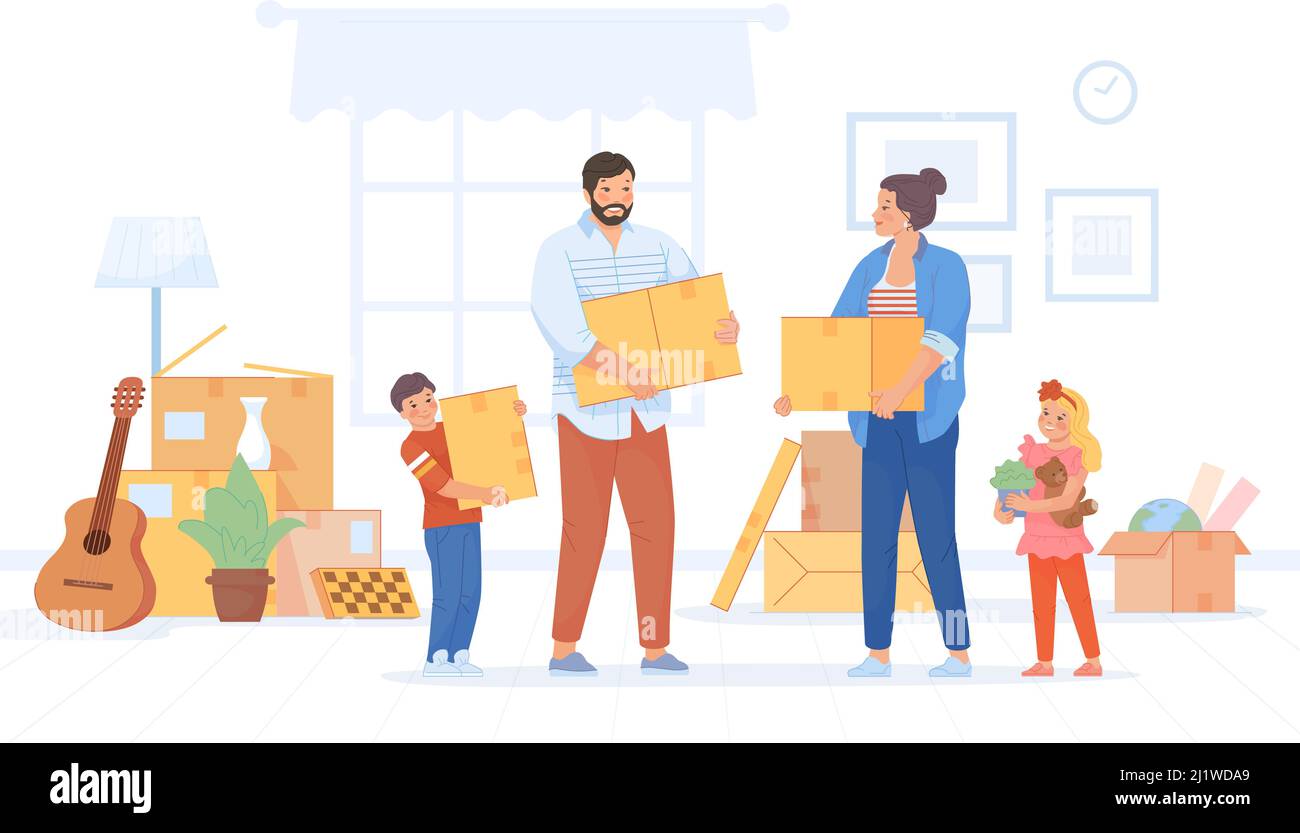 Family packing stuff. Happy characters holding cardboard boxes in room ...