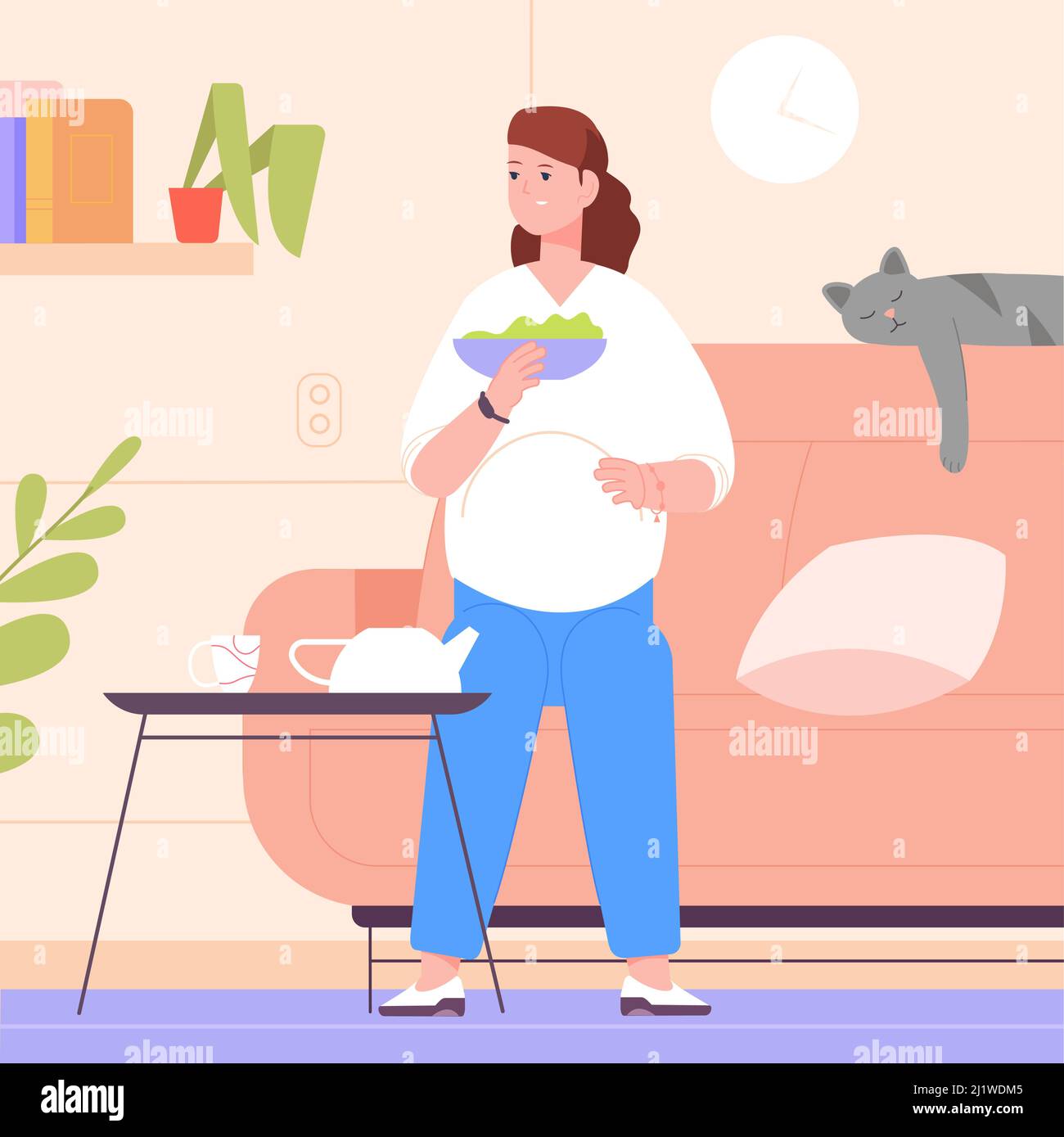 Maternal meal. Pregnant woman with belly eat preparing health food for ...