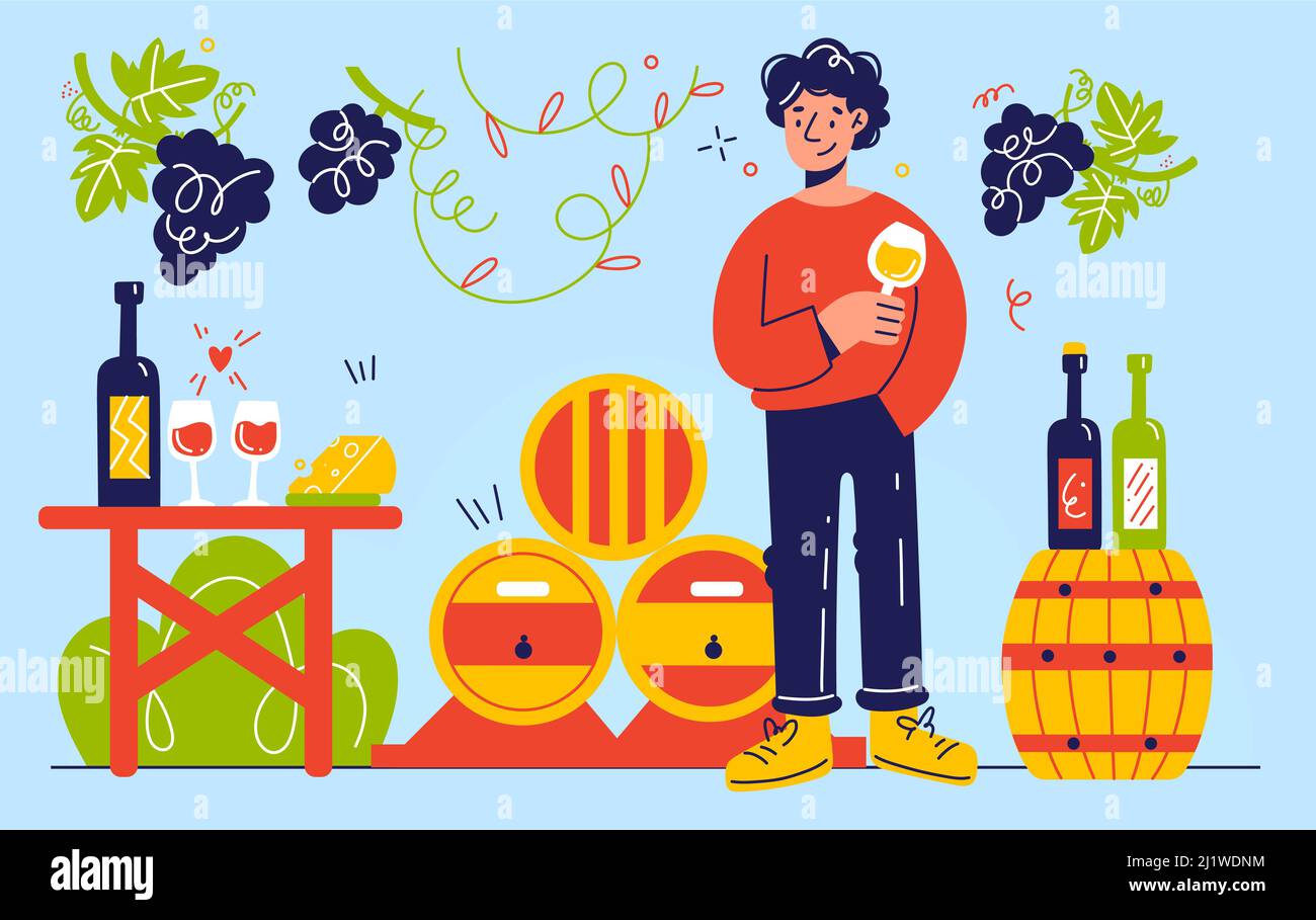 Cartoon wine composition. Funny winemaker male character with drink ...