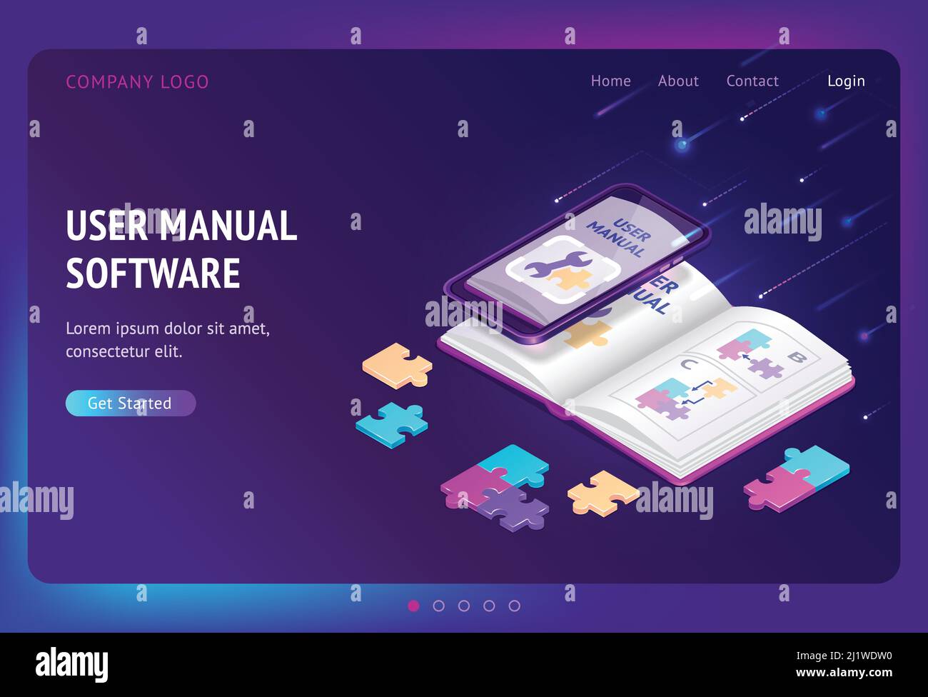 User manual software isometric landing page, guide book with tech ...