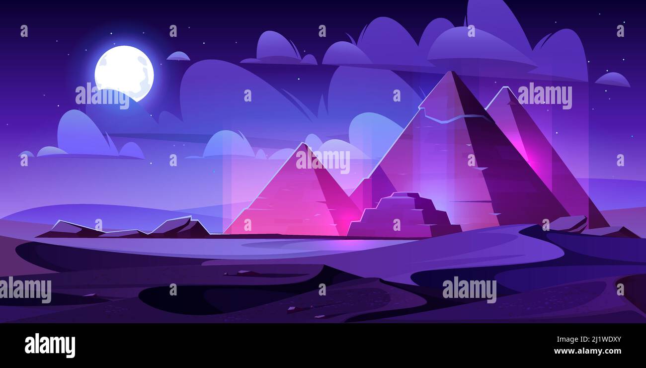 Egypt pyramids in night desert, egyptian pharaoh tomb complex in Giza ...