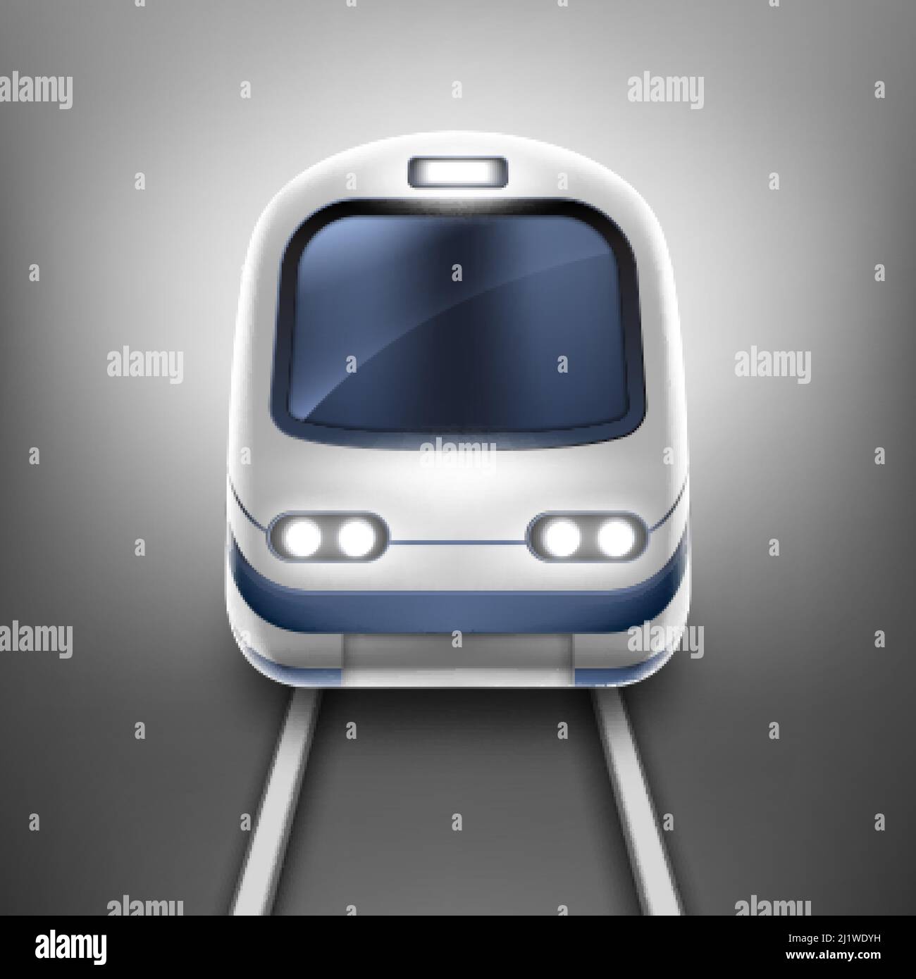 Train or metro, front view, subway locomotive on rails with windshield and illumination. Modern ...