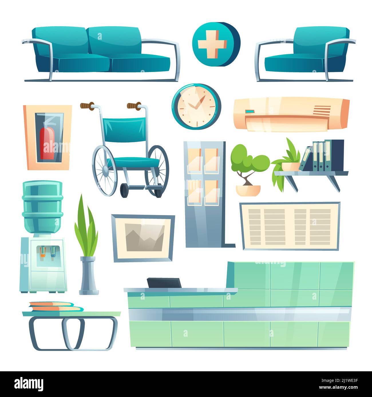 Hospital corridor interior, medical clinic hall. Vector cartoon set of ...