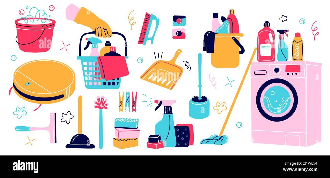 Cleaning supplies icons. Housekeeping objects, washing brushes, buckets ...