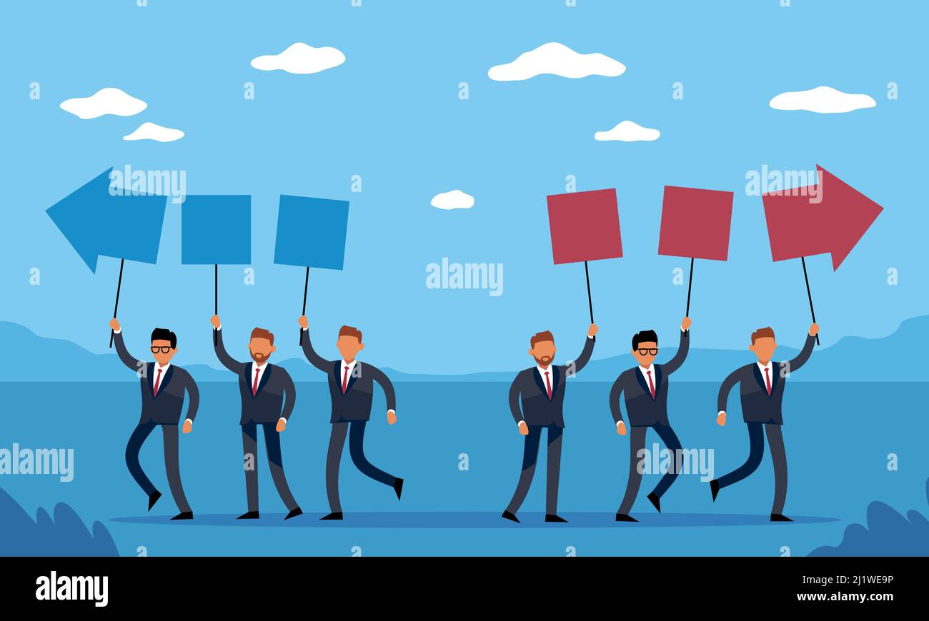 Different directions of business teams. People with arrows go in ...