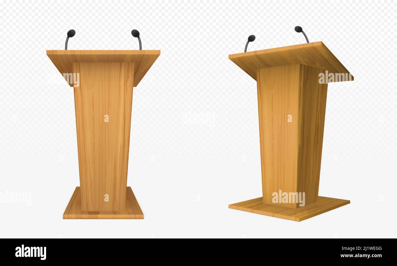 Wooden pulpit, podium or tribune front side view. Rostrum stand with ...
