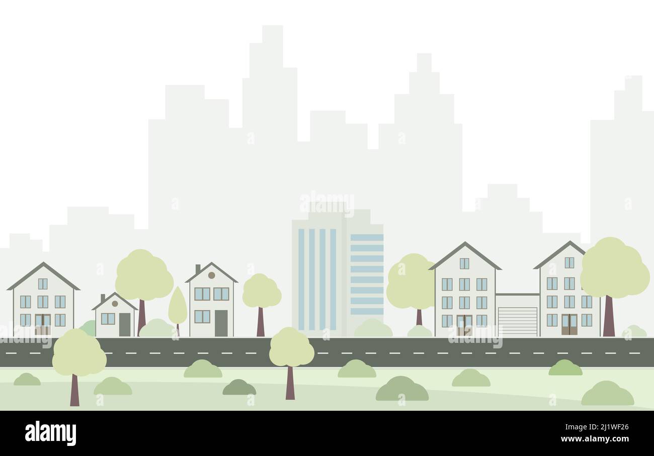 Flat design with residential buildigns and skyscrapers at background ...