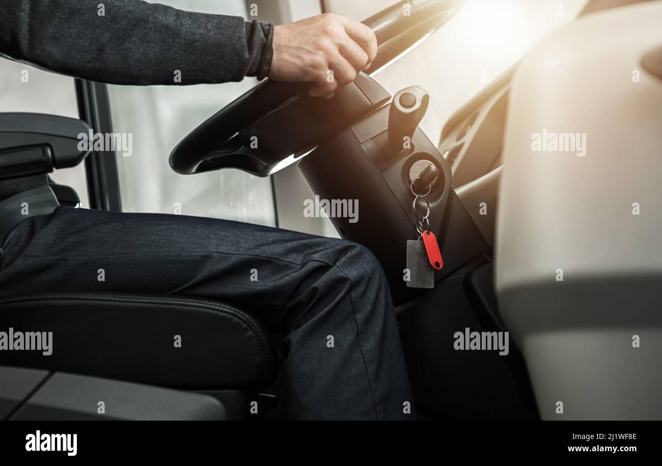 Caucasian Professional Coach Bus Driver Steering Wheel Close Up. Public ...