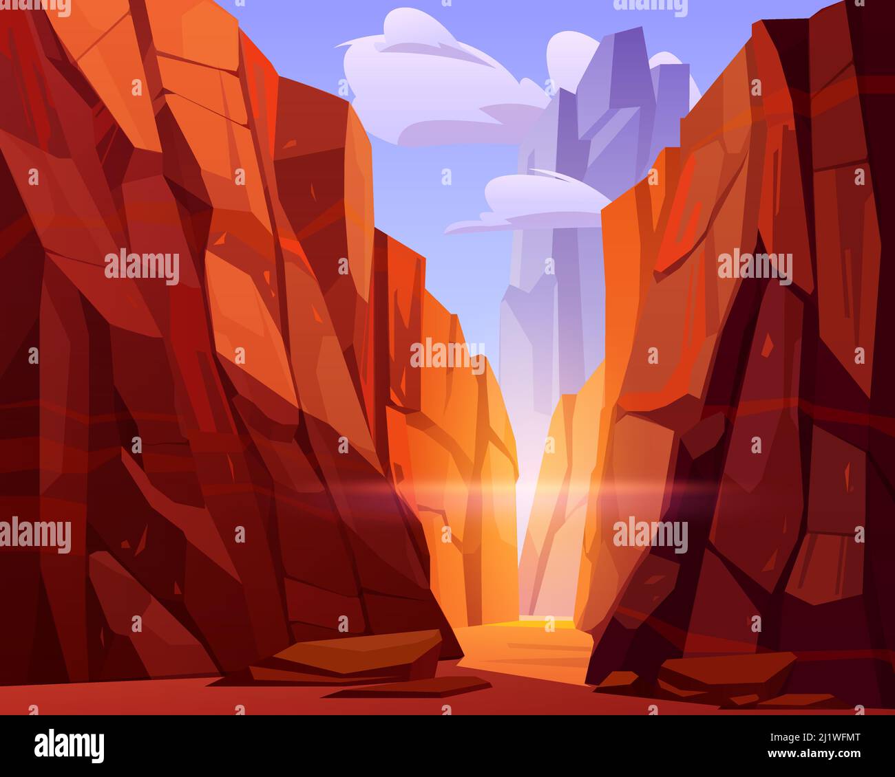 Desert road in canyon with red mountains. Vector cartoon landscape of ...