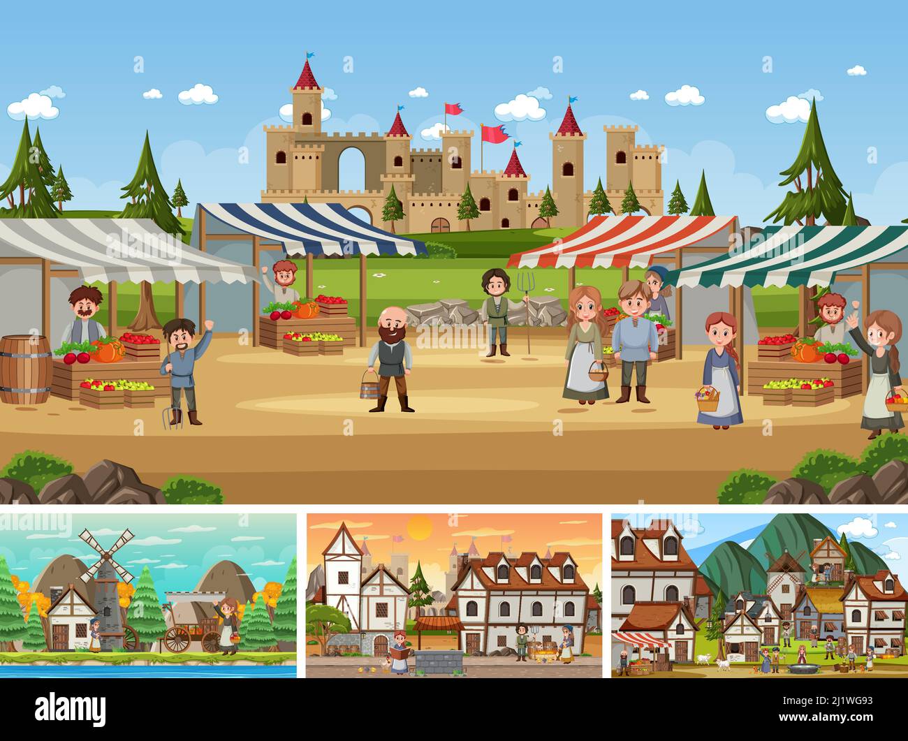 Set of different scene medieval illustration Stock Vector Image & Art ...