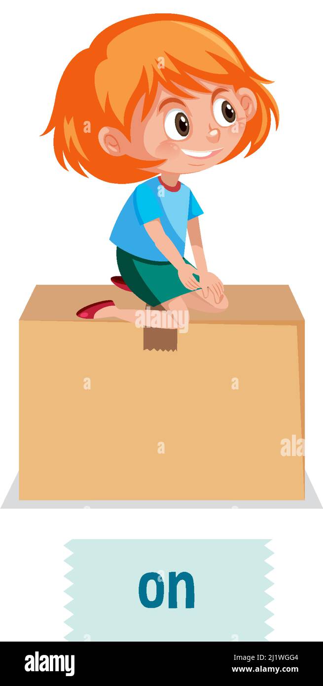 Preposition Of Place With Cartoon Girl And A Box Illustration Stock