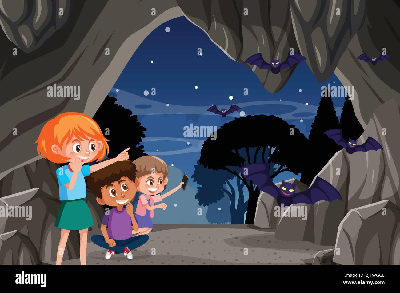 In cave scene with children exploring cartoon character illustration ...