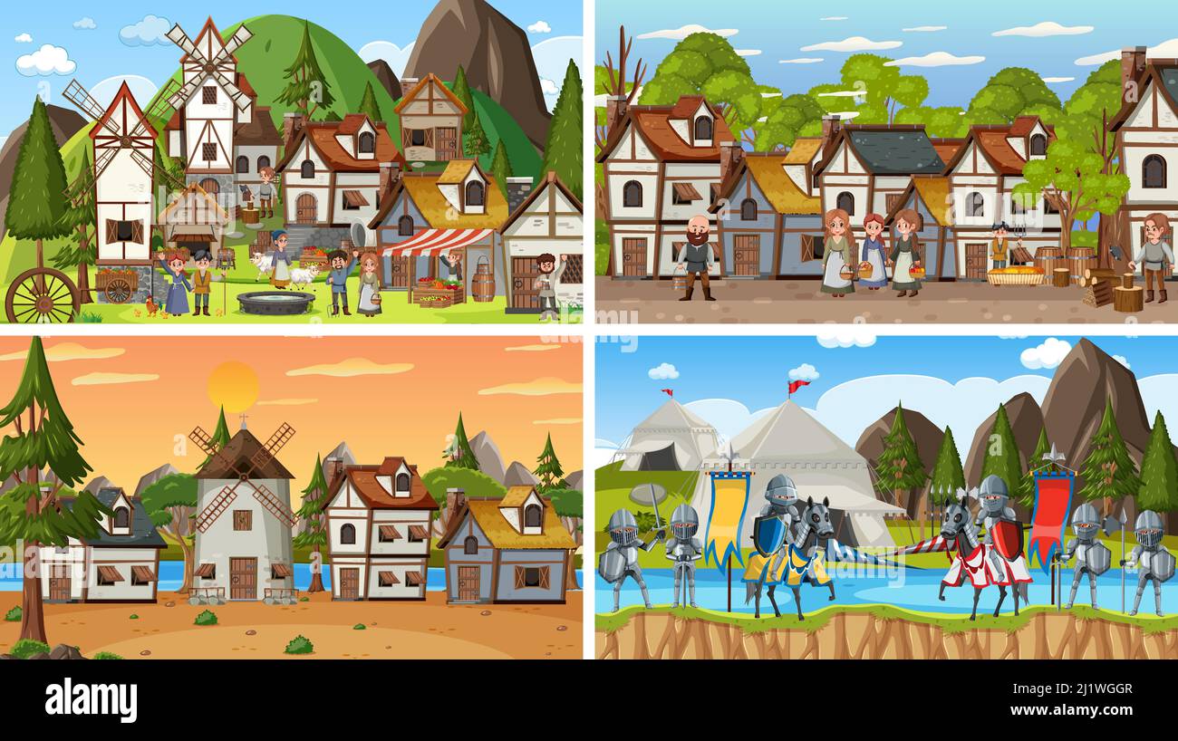 Set of different scene medieval illustration Stock Vector Image & Art ...