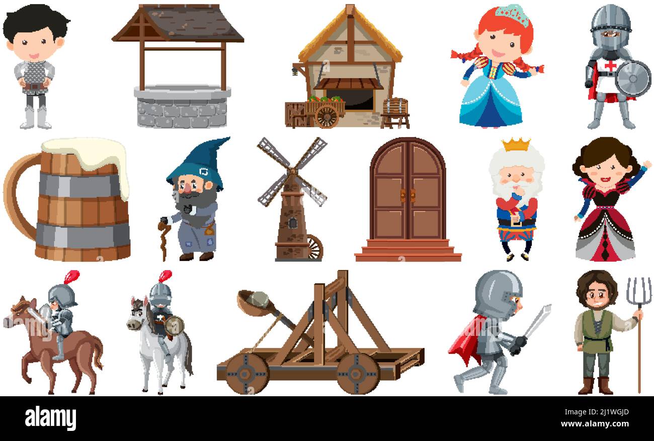 Medieval characters buildings set illustration Stock Vector Image & Art ...