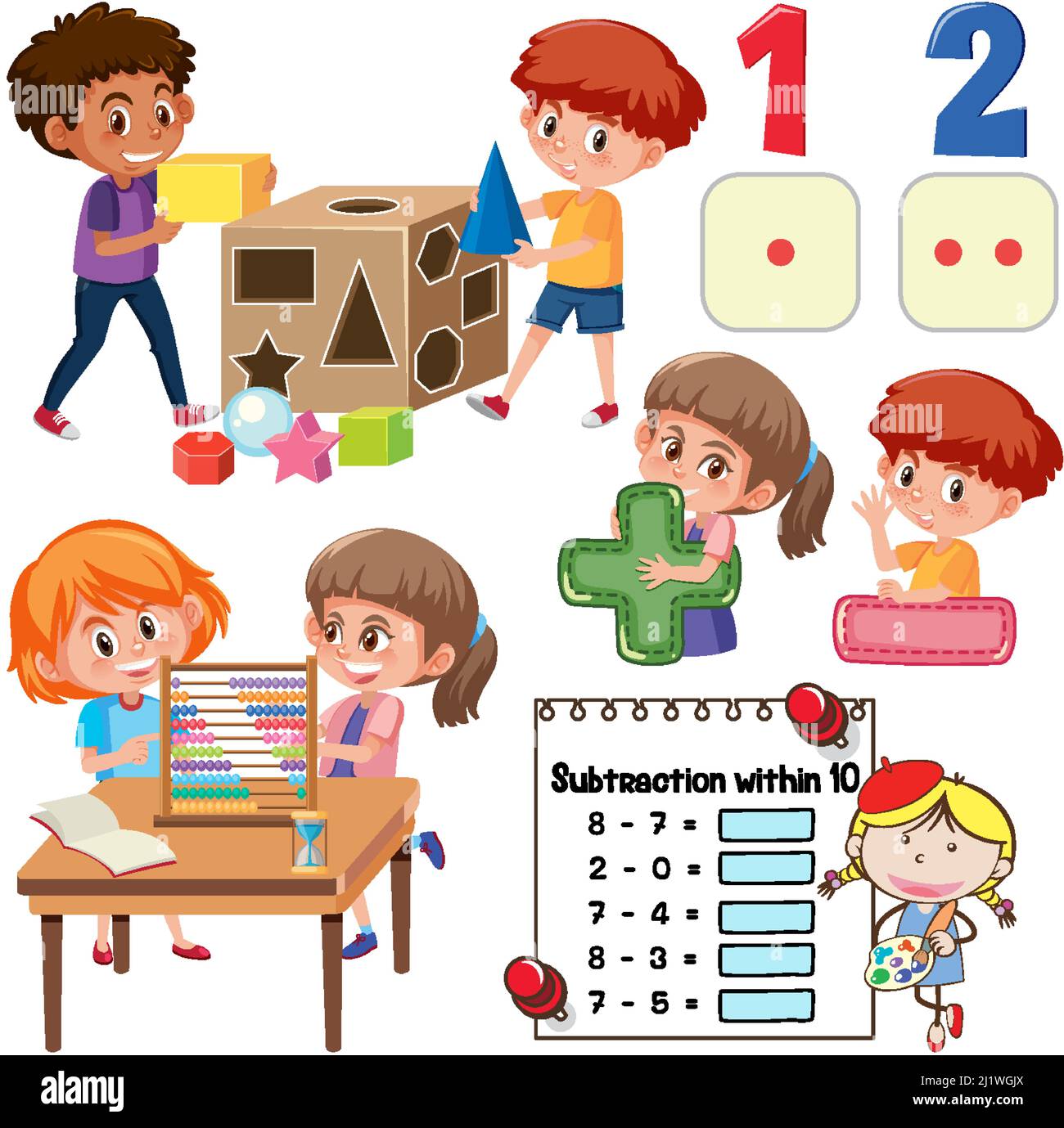 Math classroom objects with supplies and students illustration Stock ...