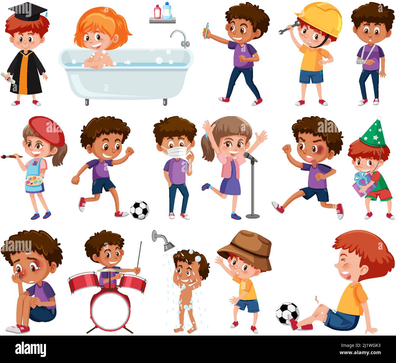 Set of children doing different activities on white background ...