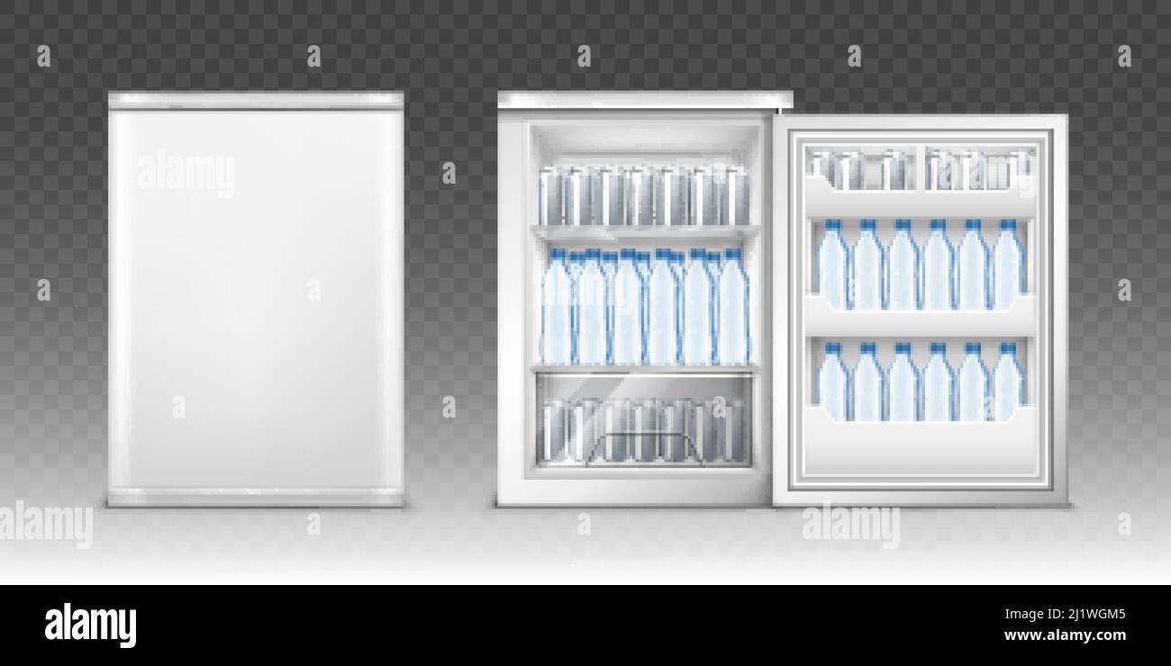 Small refrigerator with open and closed door. Vector realistic mockup ...