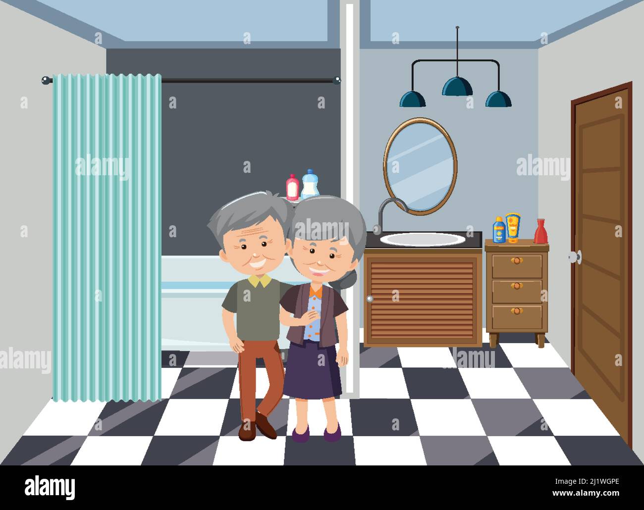 Bathroom scene with family members cartoon character illustration Stock ...