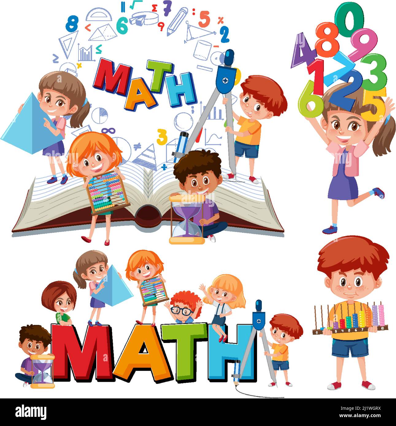 Math classroom objects with supplies and students illustration Stock ...