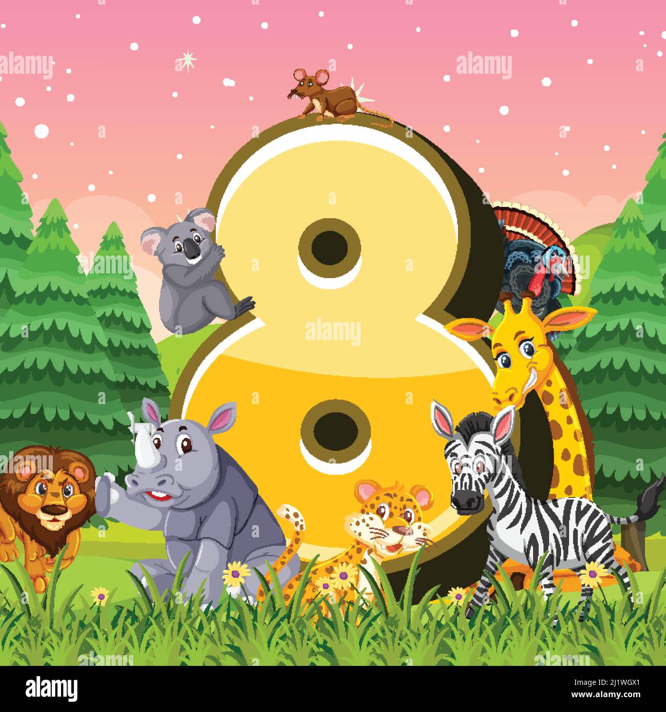 Different eight animals attached to number eight illustration Stock ...