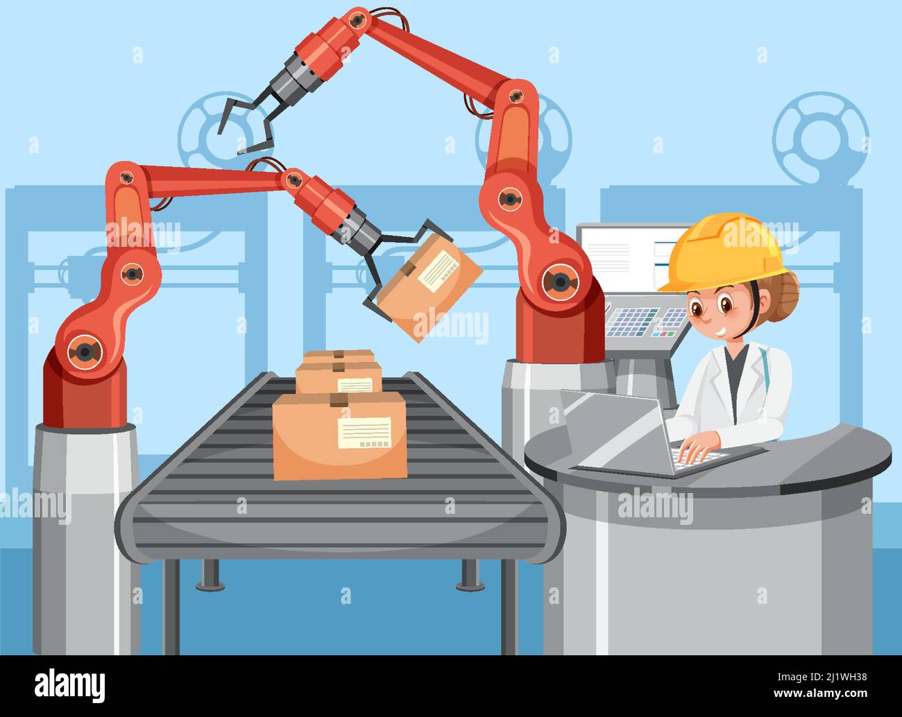 Automation industry concept with assembly line robots illustration ...