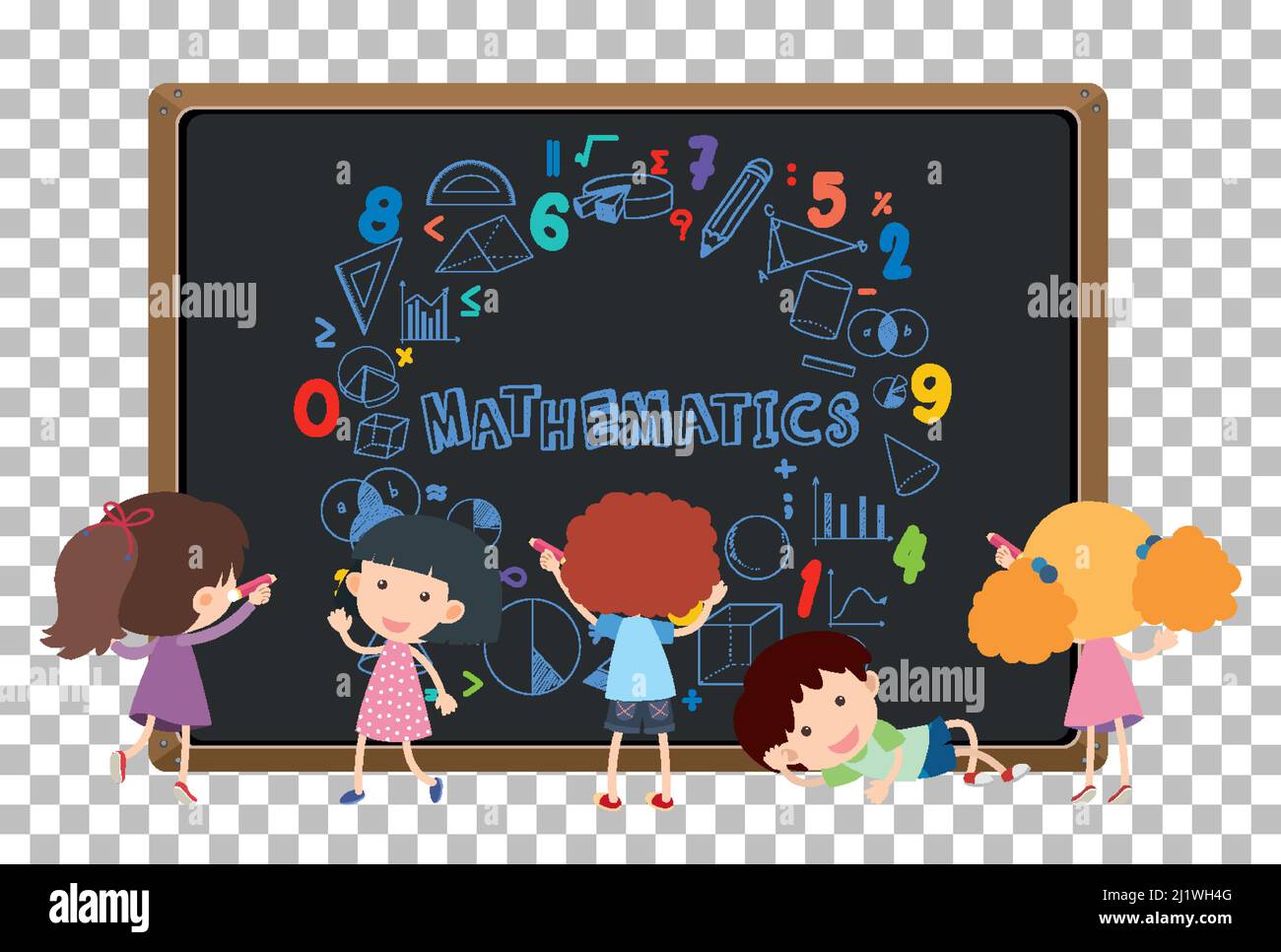 Student in front of blackboard full of math formula on grid background ...