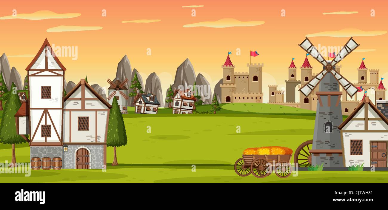 Landscape scene with medieval town illustration Stock Vector Image ...