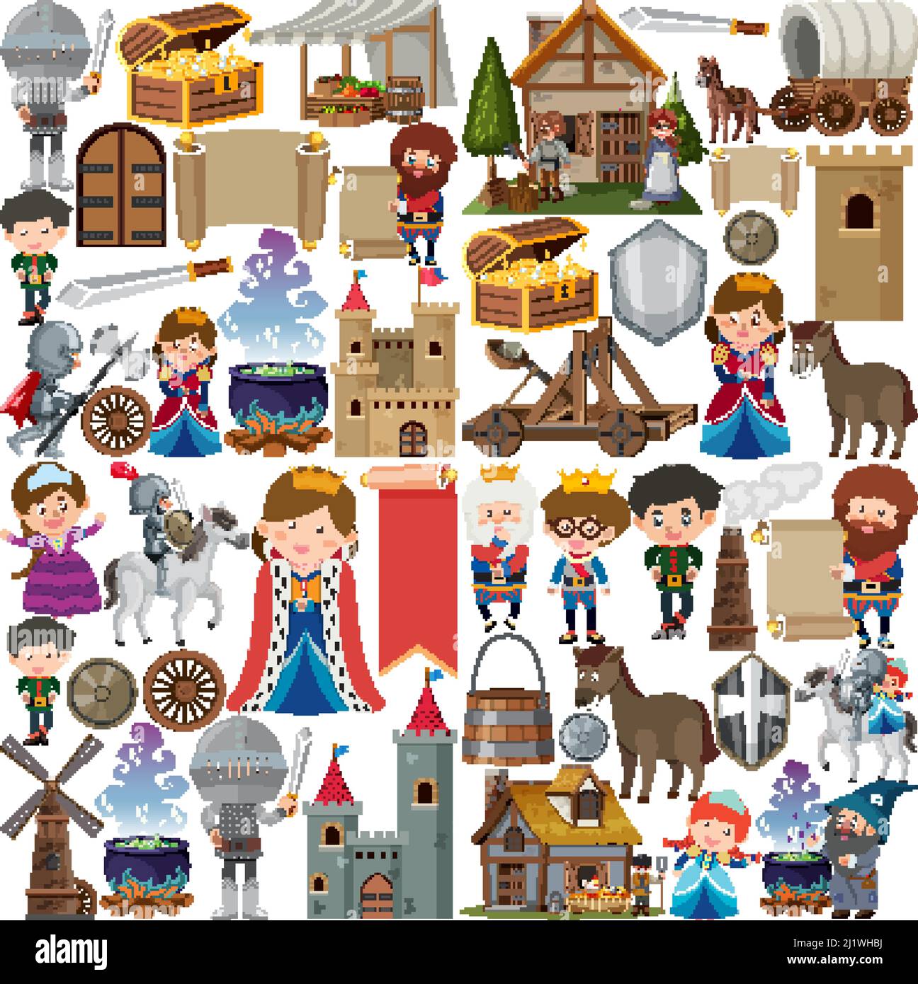 Medieval characters buildings set illustration Stock Vector Image & Art ...