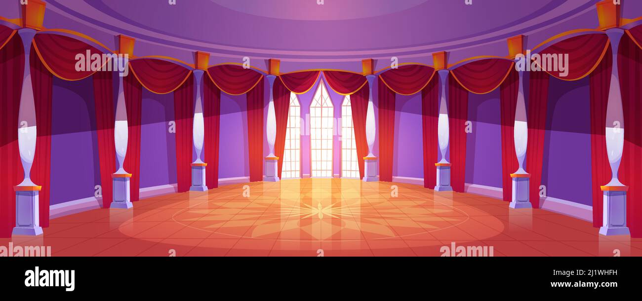 Ballroom interior in medieval royal castle. Vector cartoon illustration ...