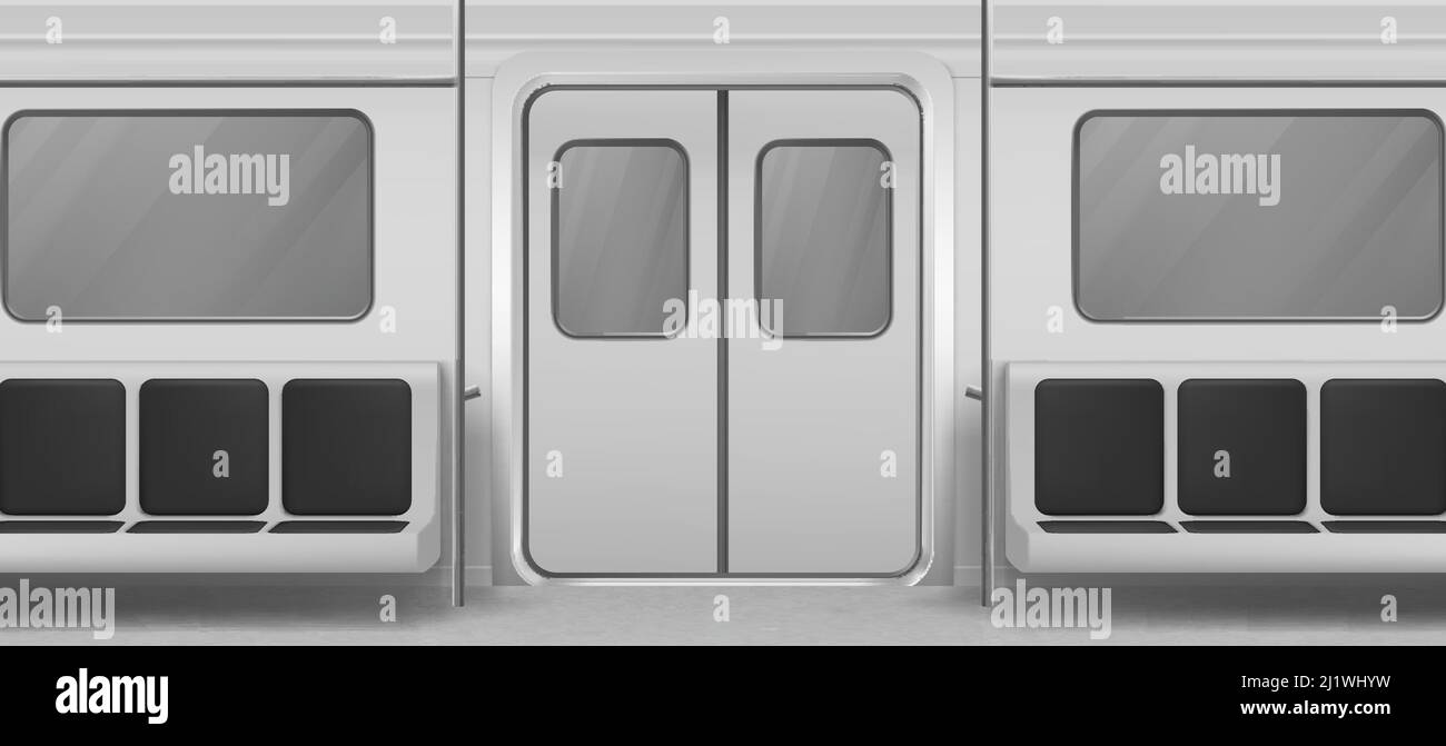 Subway wagon interior inside view with door, seats and windows. Empty ...